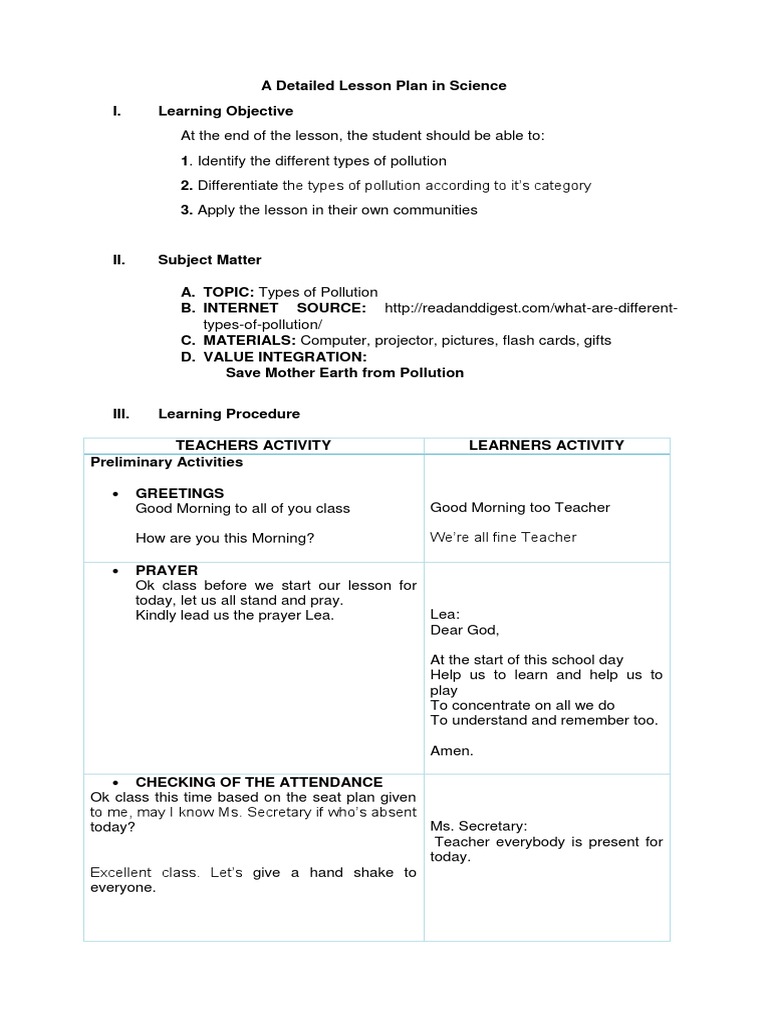 A Detailed Lesson Plan in Science POLLUTION | Download Free PDF | Air ...
