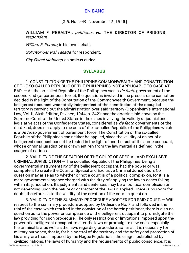 Petitioner Vs Vs Respondent William F. Peralta, Solicitor General ...