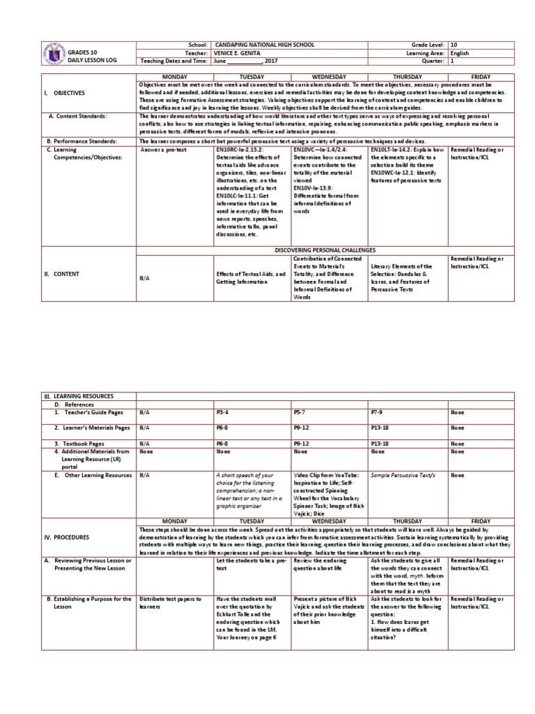 DLL G10 First Quarter | PDF | Learning | Curriculum
