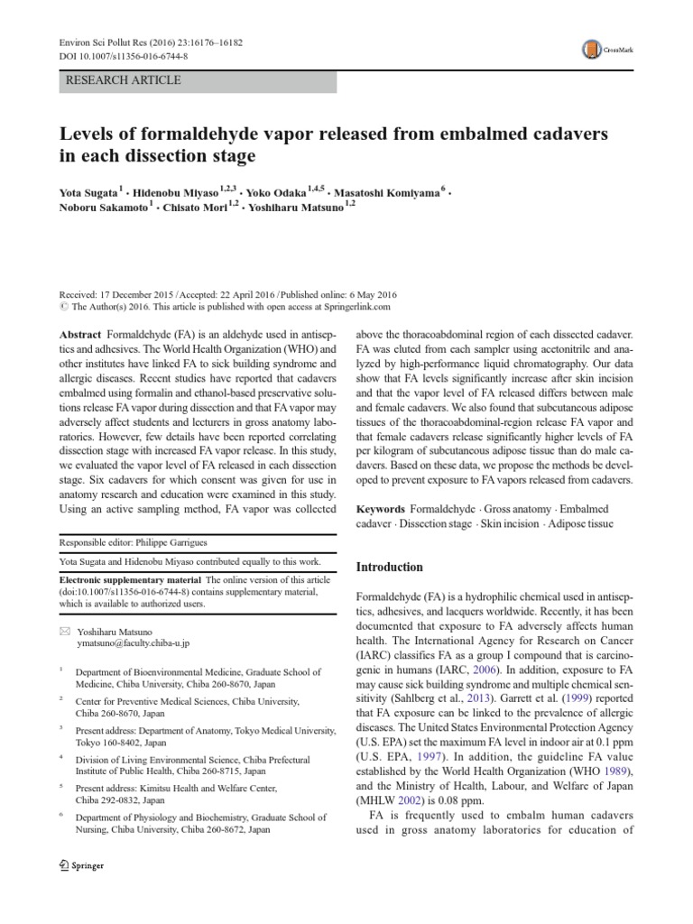 Levels of Formaldehyde Vapor Released From Embalmed Cadavers in Each ...