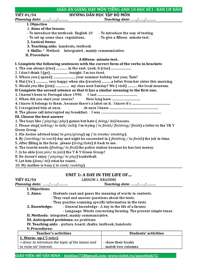 Giao An 10 Ban Co Ban | PDF | Teachers | Reading Comprehension