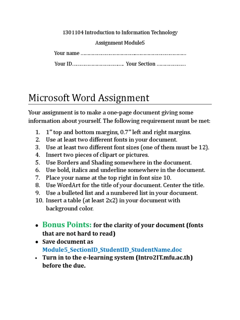 Microsoft Word Assignment: Bonus Points | PDF