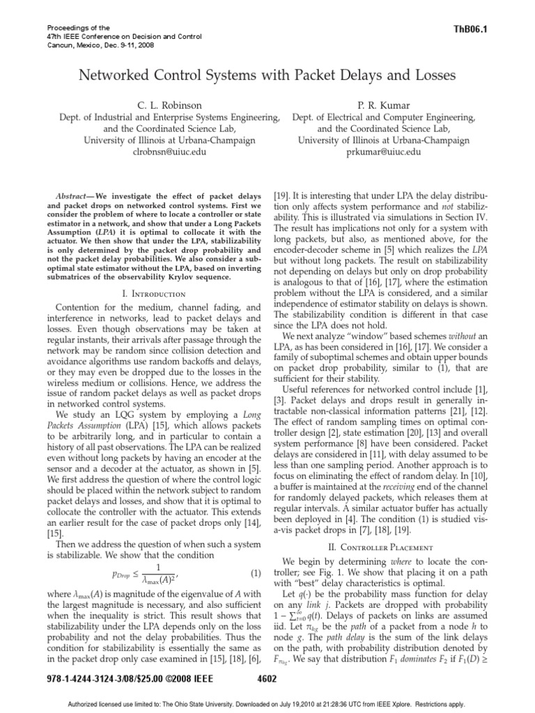 Articulo Networked Control Systems With Packet Delays and Losses | PDF | Kalman Filter ...