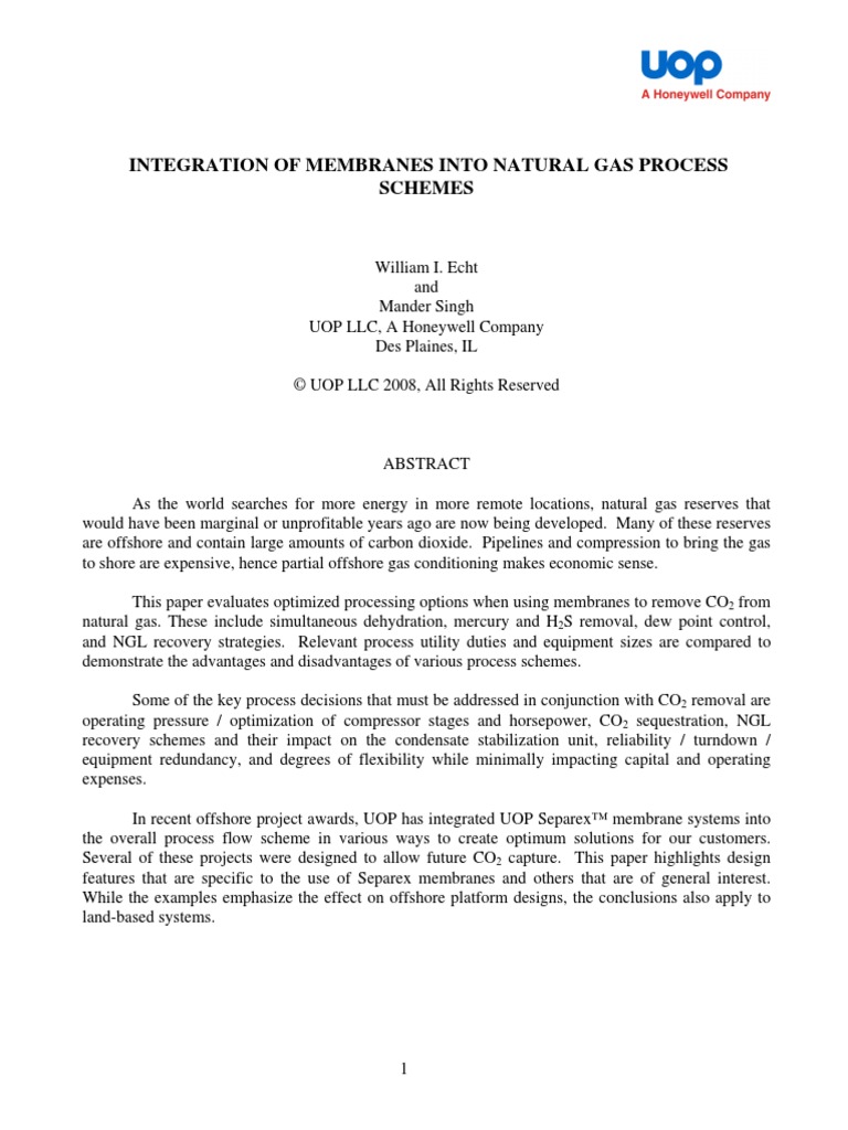 UOP Integration of Membranes For CO2 Removal Tech Paper PDF | PDF | Gas ...