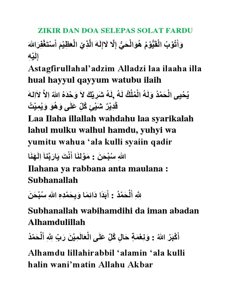 Zikir Dan Doa Selepas Solat Fardu | PDF | Seni & Disiplin Bahasa ...
