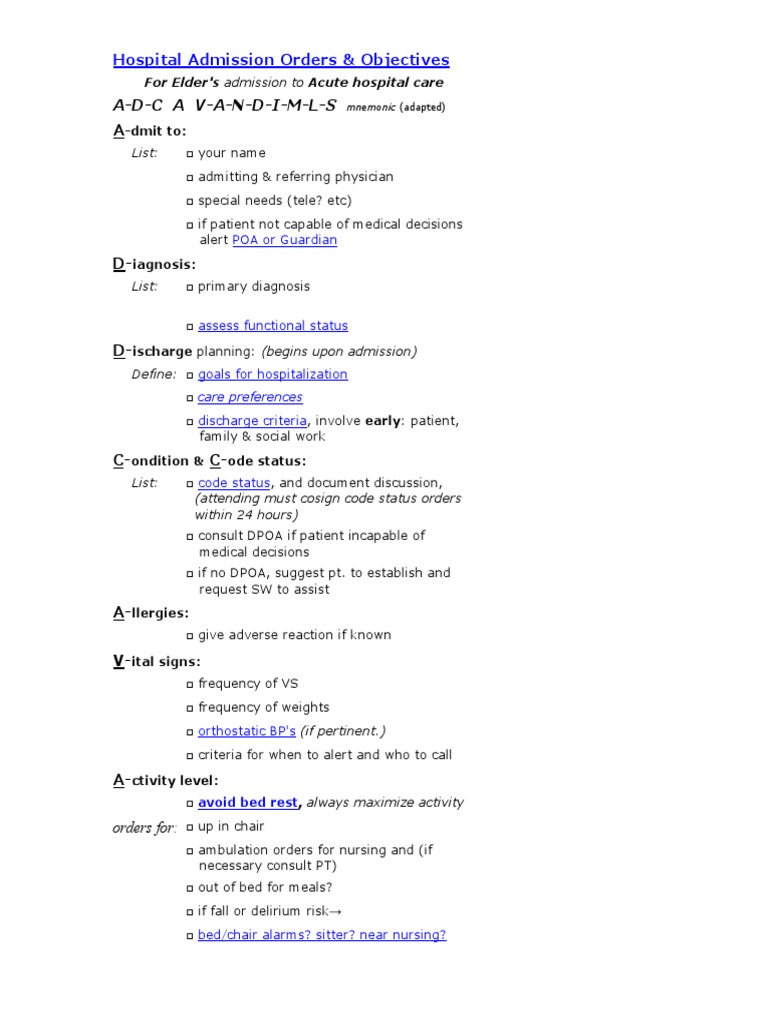 A-D-C A V-A-N-D-I-M-L-S: Hospital Admission Orders & Objectives | PDF ...