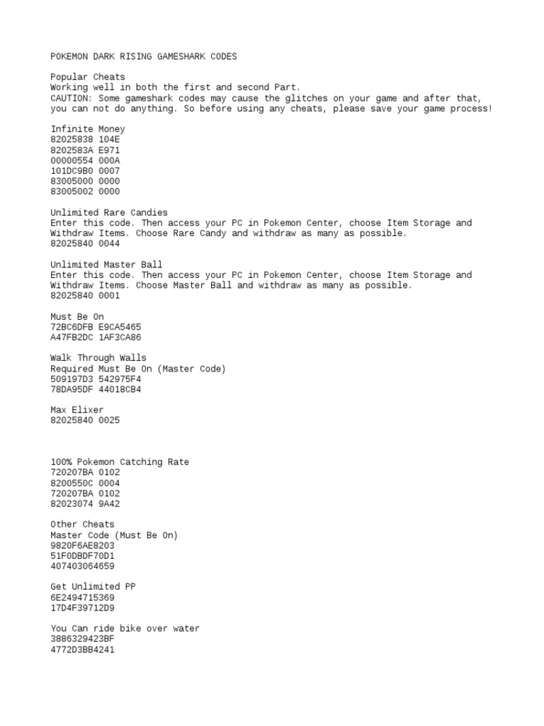 Pokemon Dark Rising Cheats | PDF | Video Games | Pokémon
