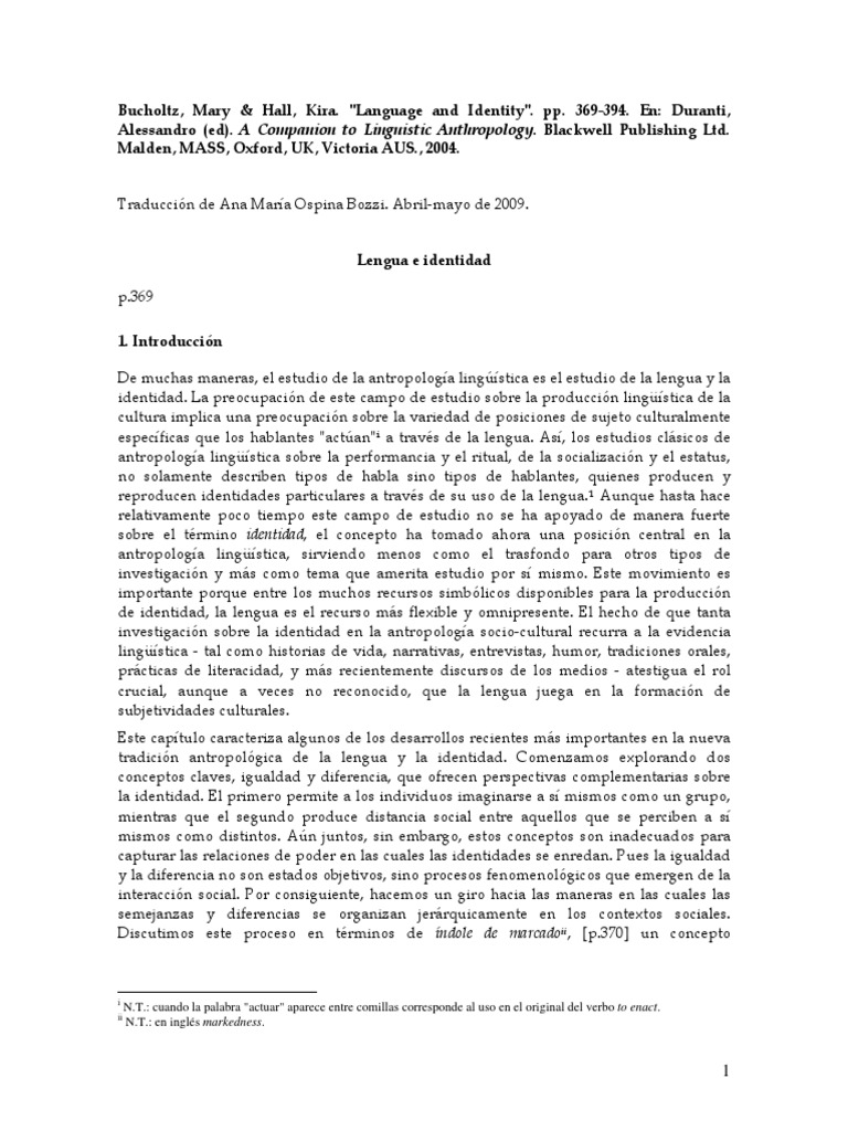 Bucholtz Hall 2004 Lengua Identidad | PDF | Antropología | Sociolingüística