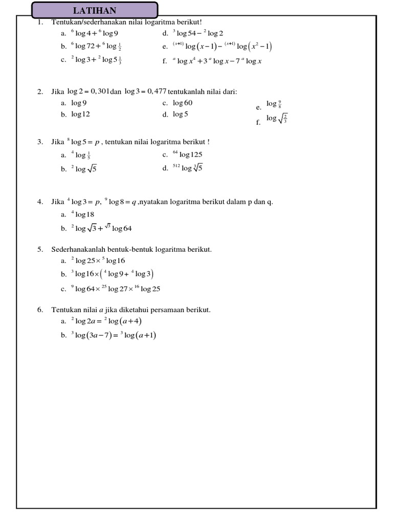 Sifat Sifat Logaritma + Operasi Aljabar Bentuk Logaritma | PDF