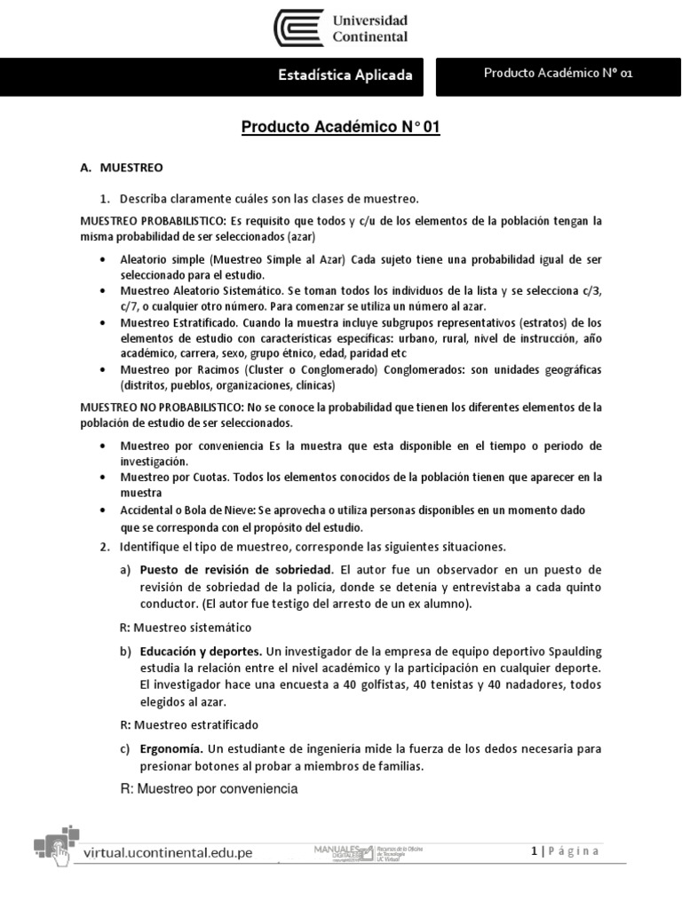 Estadística Aplicada - Producto Académico N 01 ALUMNO | PDF | Muestreo (Estadísticas ...