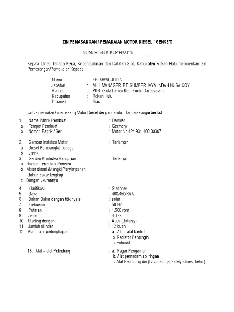 PERMIT FOR INSTALLATION AND USE OF DIESEL GENERATOR | PDF