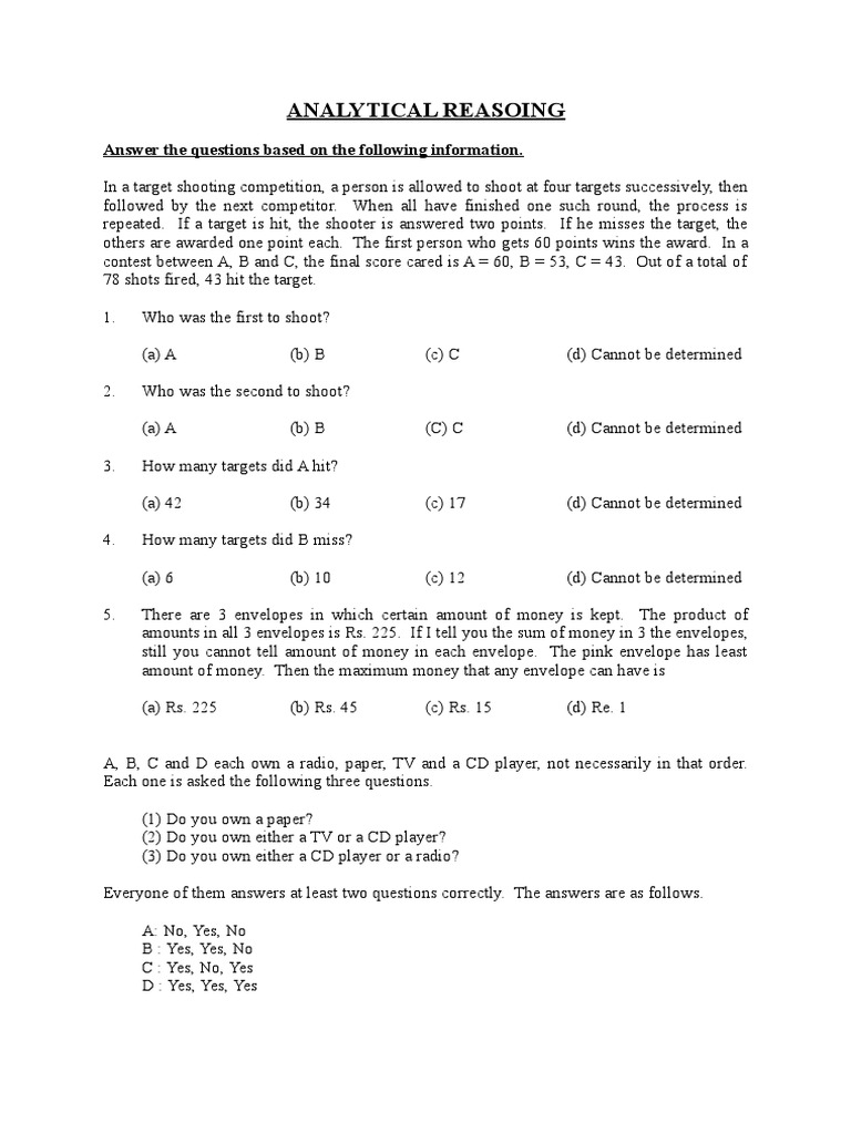 Analytical Reasoing: Answer The Questions Based On The Following ...