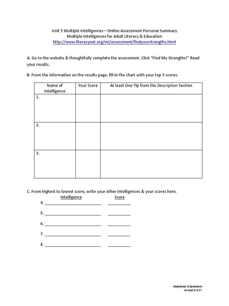 MI Online Assessment WRKSHT | PDF