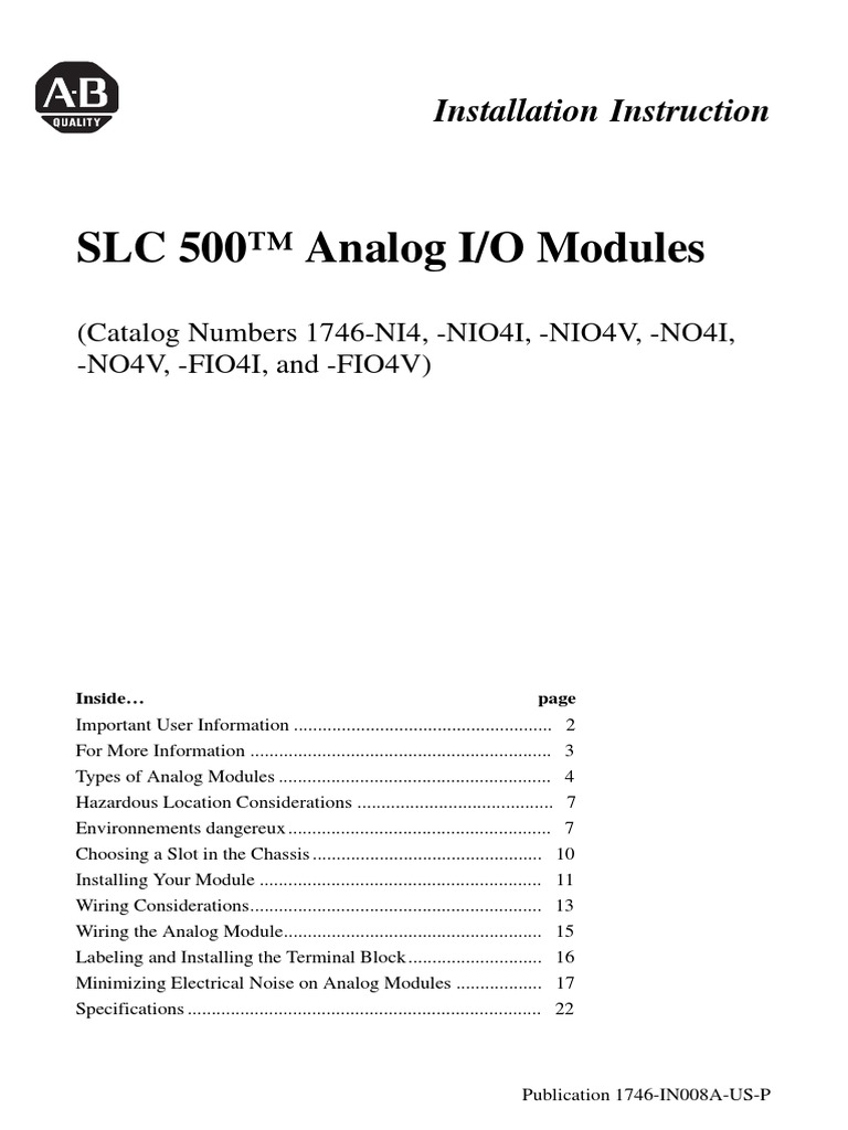 Analog IO Module 1746 Installation Manual | PDF | Power Supply | Cable