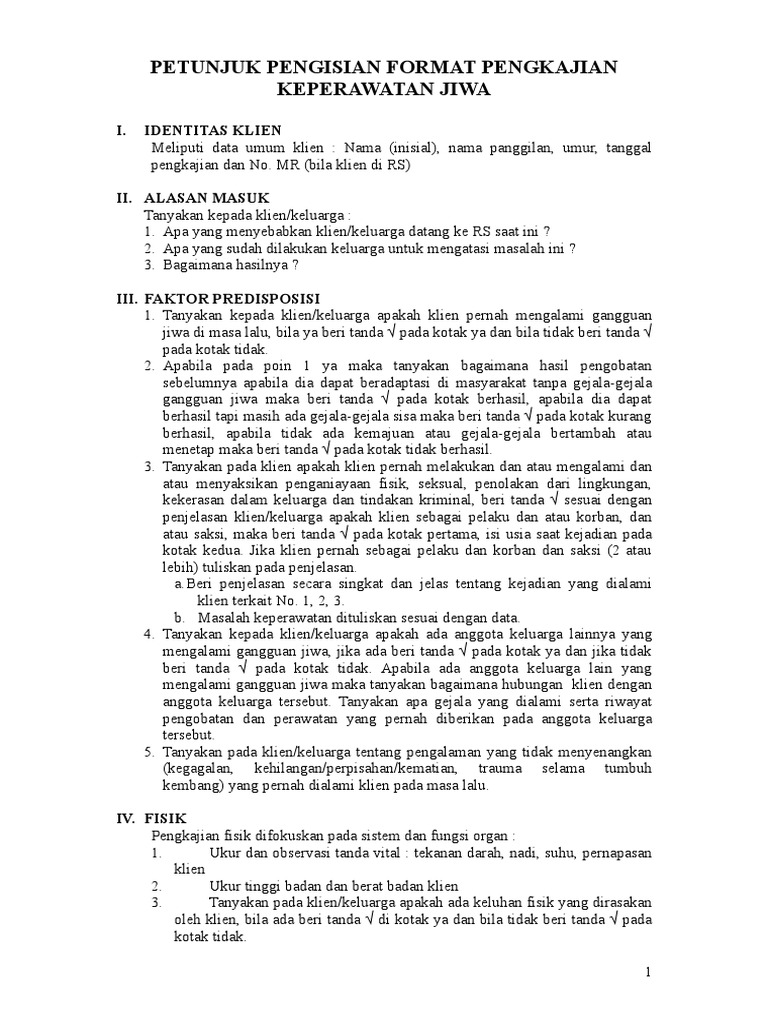 Petunjuk Pengisian Format Pengkajian Jiwa | PDF