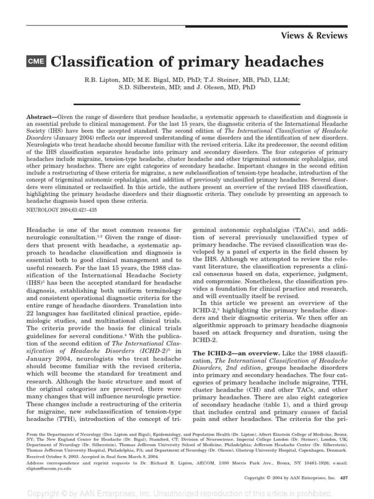 Classification of Primary Headaches: Views & Reviews | PDF | Headache ...