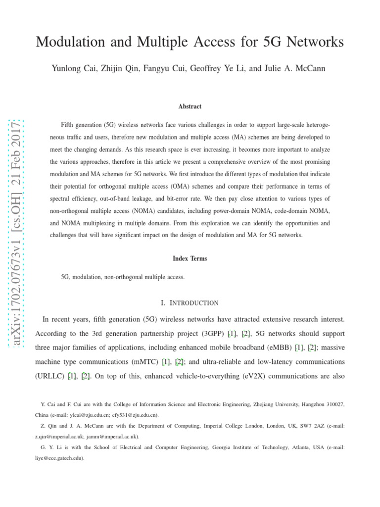 Modulation and Multiple Access For 5G Networks: Yunlong Cai, Zhijin Qin, Fangyu Cui, Geoffrey Ye ...