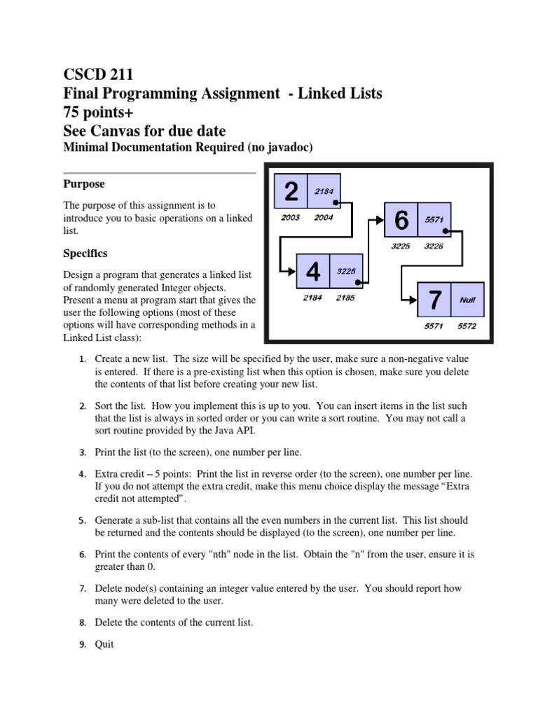 CSCD 211 Final Programming Assignment - Linked Lists 75 Points+ See ... CSCD 211 Final Programming Assignment - Linked Lists 75 Points+ See ...