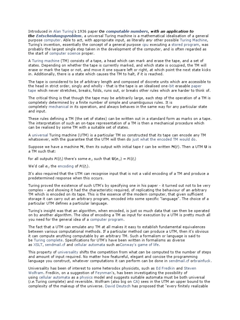 Turing's Universal Machine | PDF | Automata Theory | Algorithms