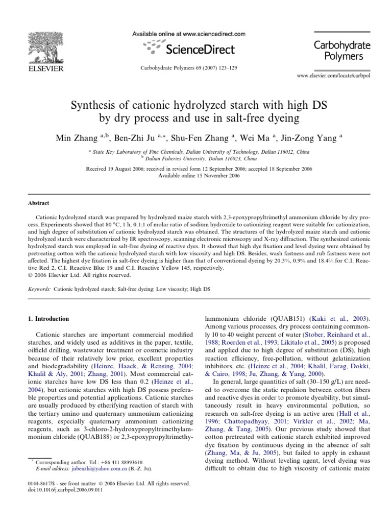 Synthesis of Cationic Hydrolyzed Starch With High DS by Dry Process and ...
