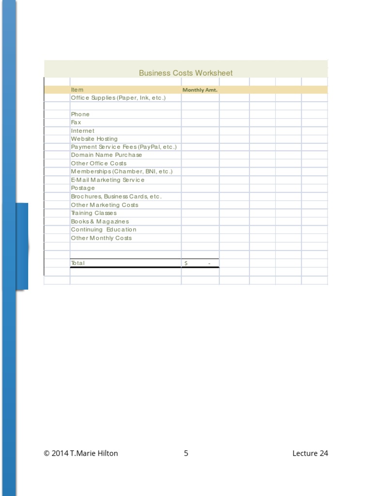 Business Costs Worksheet: Item Monthly Amt | PDF