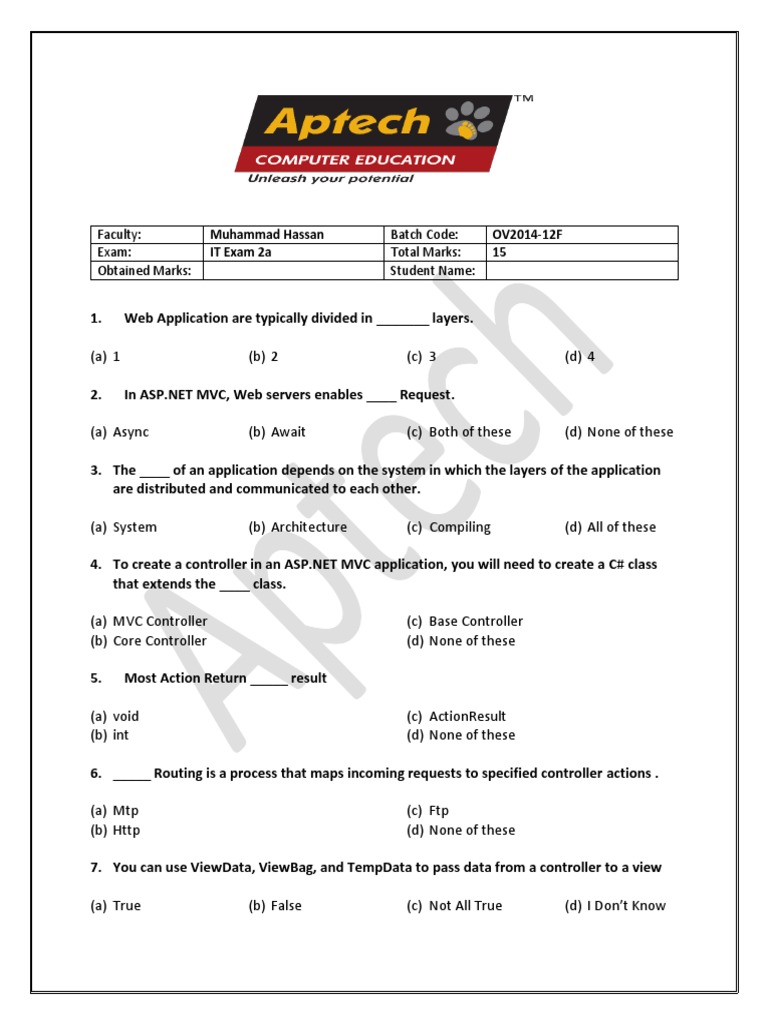 Faculty: Batch Code: Exam: Total Marks: Obtained Marks: Student Name | PDF | Active Server Pages ...