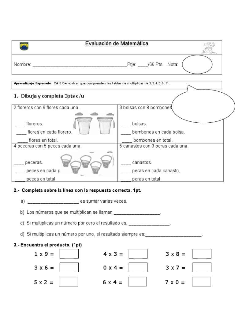 Prueba de Multiplicación Primaria | PDF | Multiplicación | Números
