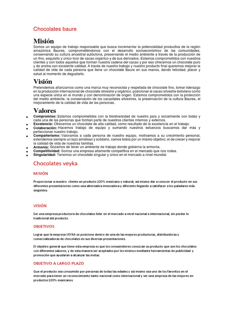Misión y Visión de Chocolaterías Artesanales | PDF | Producto (Negocio ...