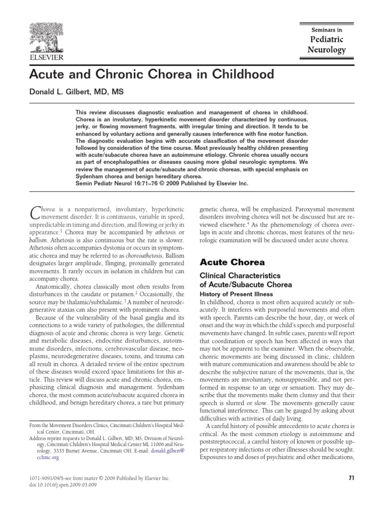 Acute and Chronic Chorea in Childhood: Donald L. Gilbert, MD, MS | PDF ...