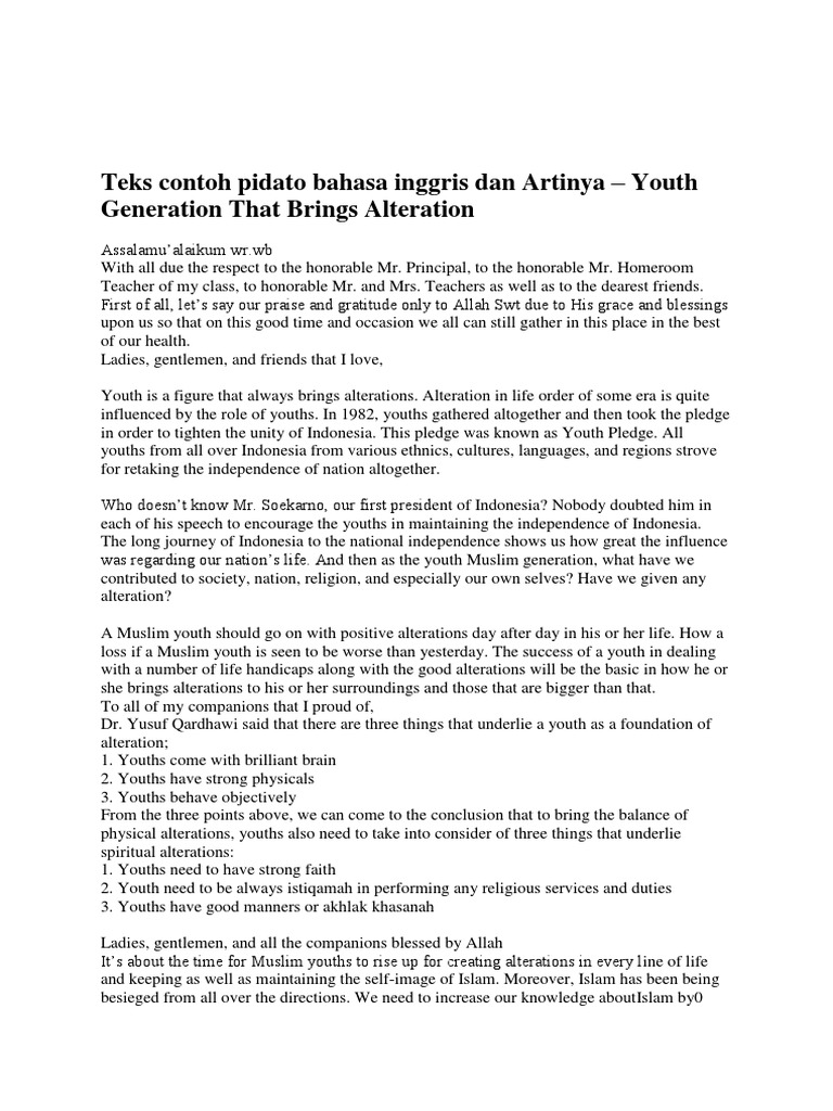 Teks Contoh Pidato Bahasa Inggris Dan Artinya - Youth Generation That Brings Alteration | PDF