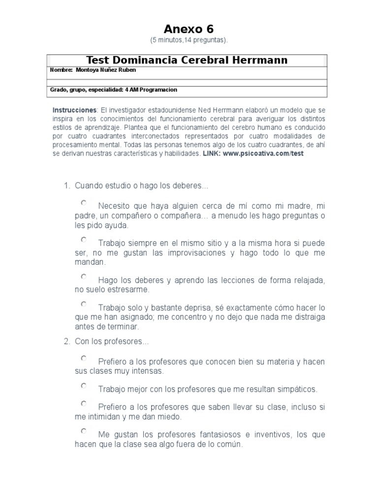 Anexo 6 Test de Dominancia Cerebral Herrmann | PDF | Prueba (evaluación ...