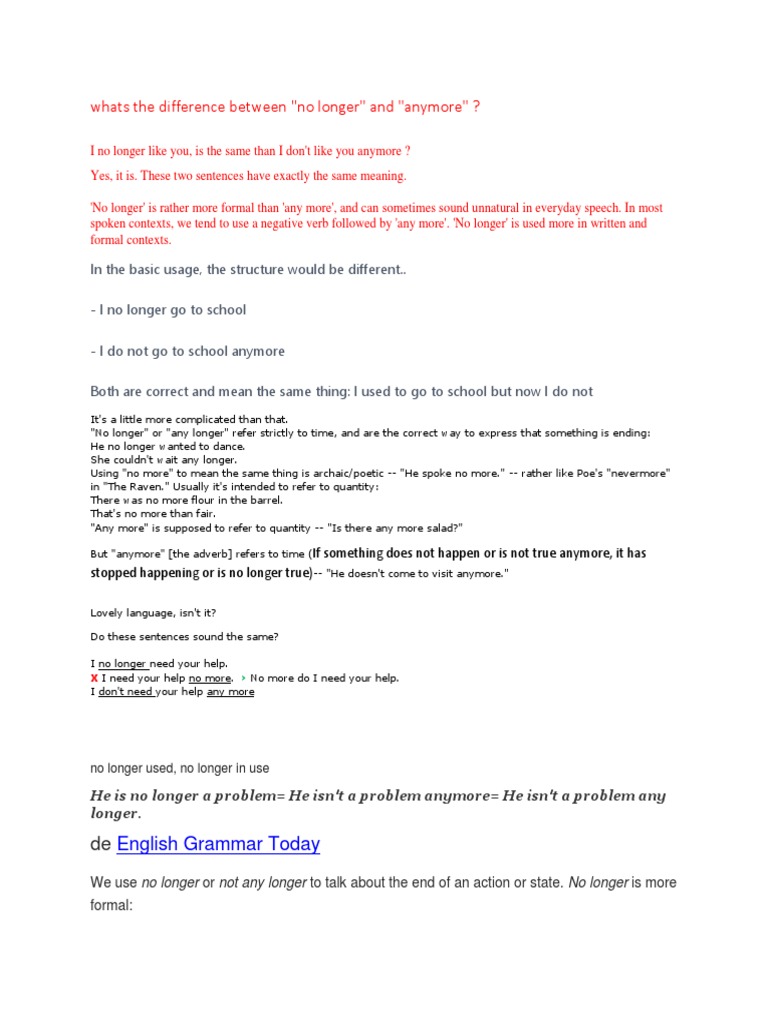 Anymore Vs No Longer | PDF | English Grammar | Verb