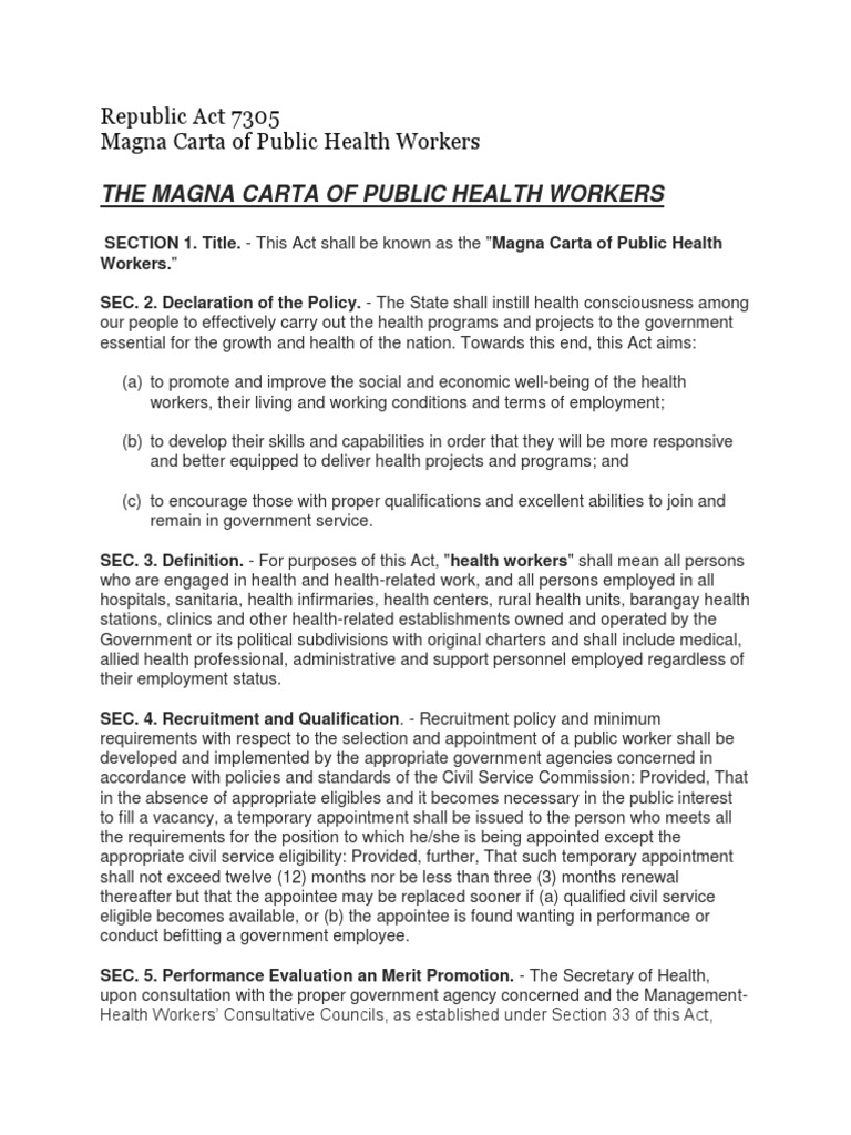 Republic Act 7305 Magna Carta Of Public Health Workers PDF Salary