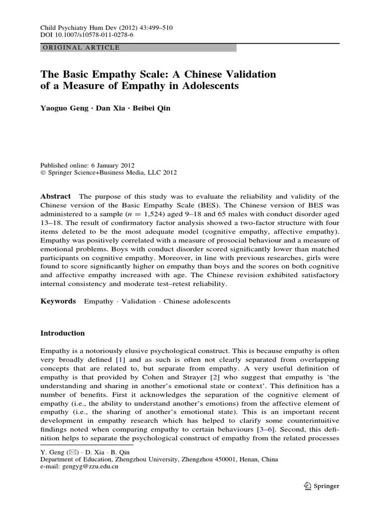 The Basic Empathy Scale: A Chinese Validation of A Measure of Empathy ...