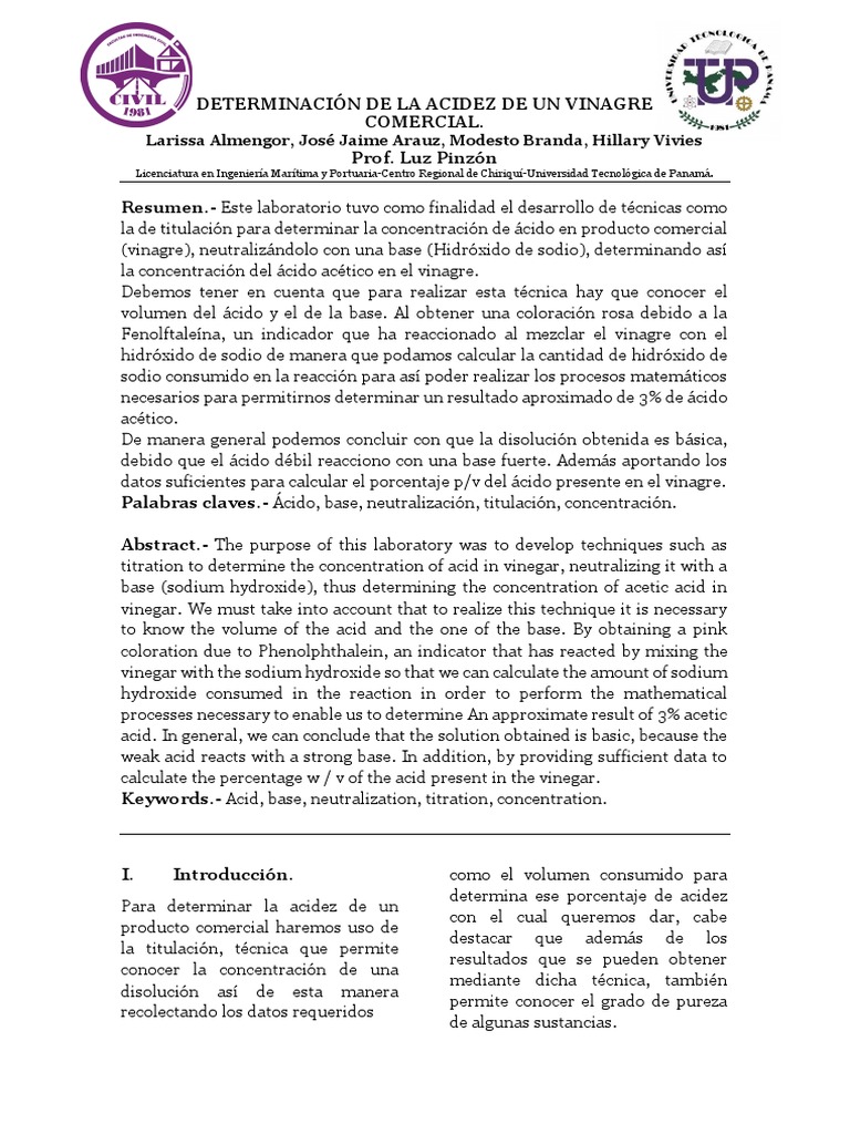 Determinación de La Acidez de Un Vinagre | PDF | Valoración | Química Determinación de La Acidez de Un Vinagre | PDF | Valoración | Química