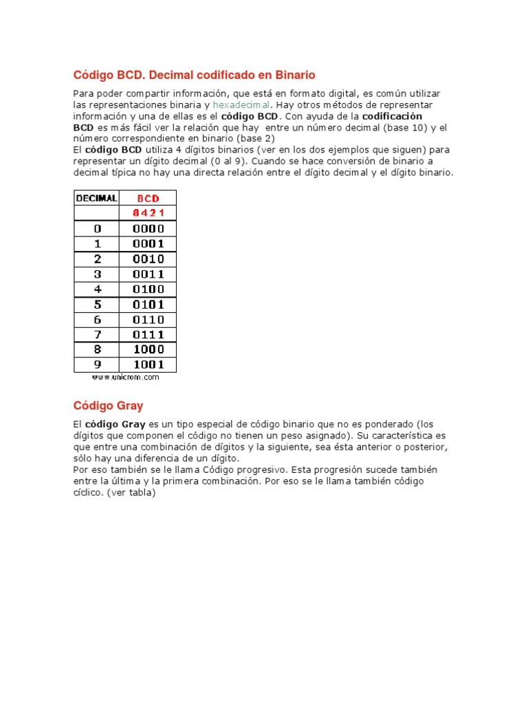 Código BCD, GREY, ASCII | PDF | Decimal codificado en binario | Ascii