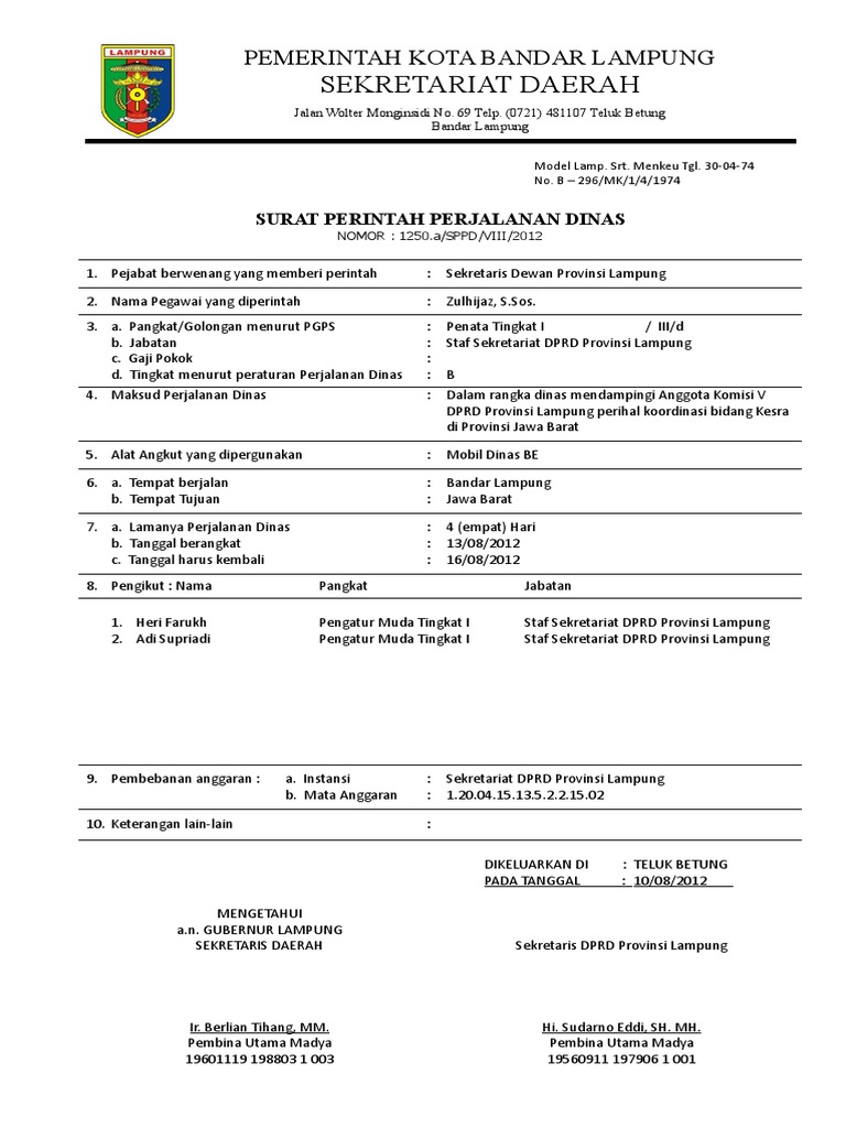 Contoh Surat Perintah Perjalanan Dinas RESMI | PDF