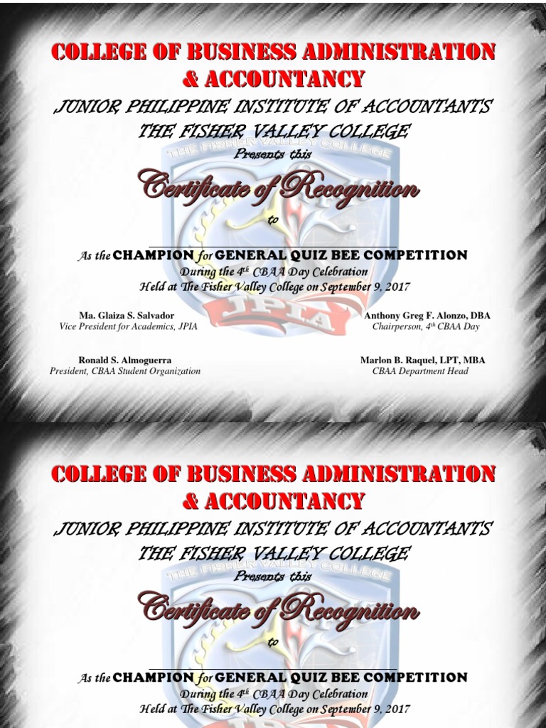 Quiz Bee Certificate | Business | Economies