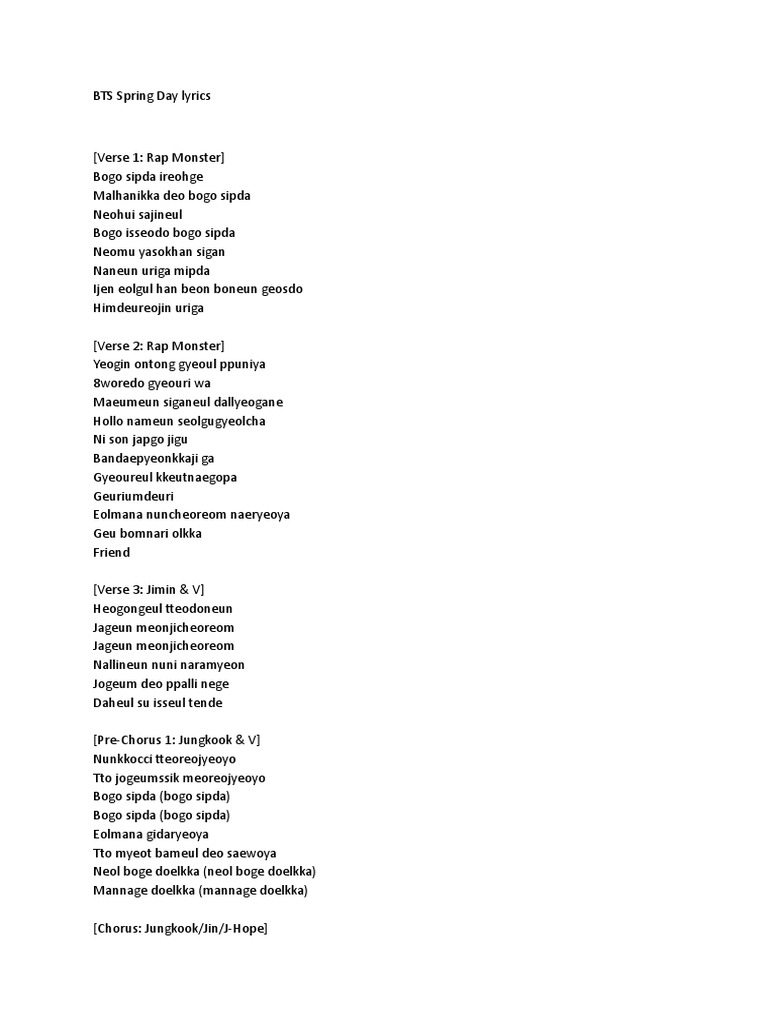 BTS Spring Day Lyrics | PDF