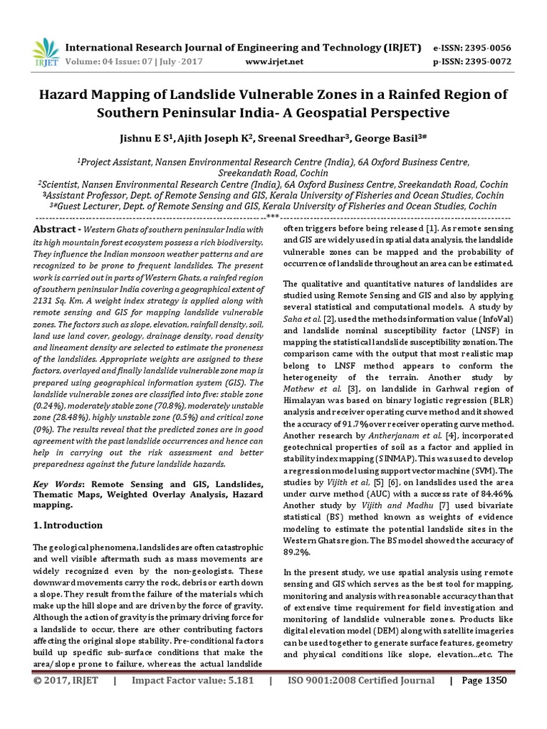 Hazard Mapping of Landslide Vulnerable Zones in A Rainfed Region of ... Hazard Mapping of Landslide Vulnerable Zones in A Rainfed Region of ...
