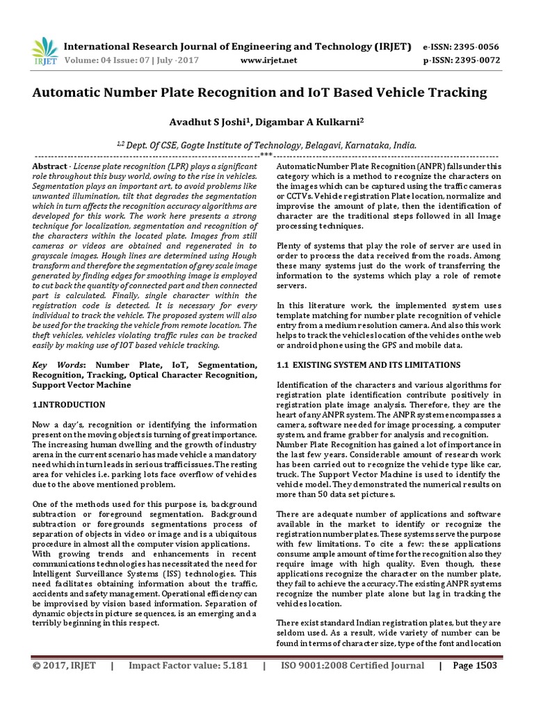Automatic Number Plate Recognition and IoT Based Vehicle Tracking | PDF ...