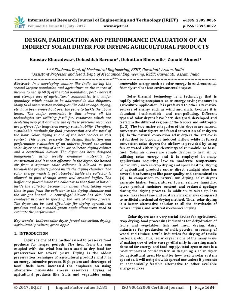 Design, Fabrication and Performance Evaluation of An Indirect Solar ...