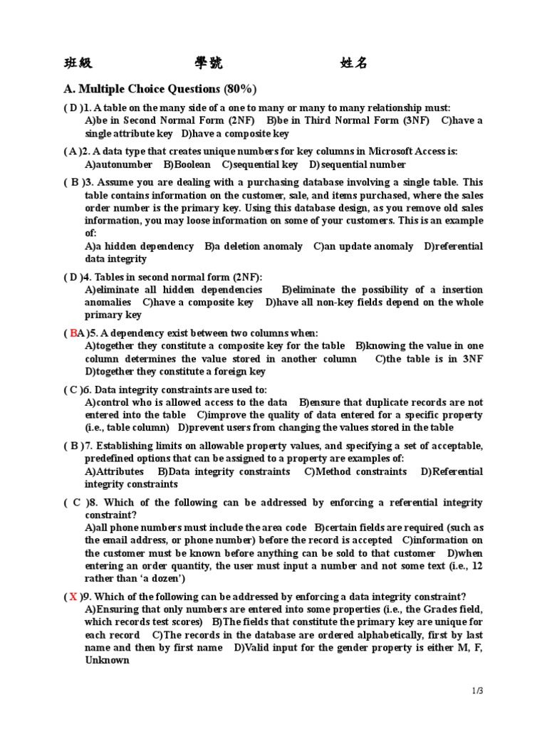 A. Multiple Choice Questions (80%) | PDF | Databases | Sql
