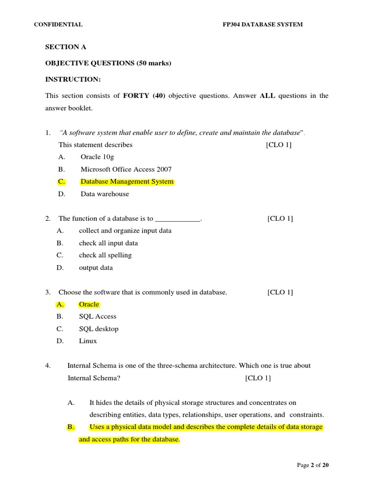 Section A Objective Questions (50 Marks) Instruction:: Confidential ...