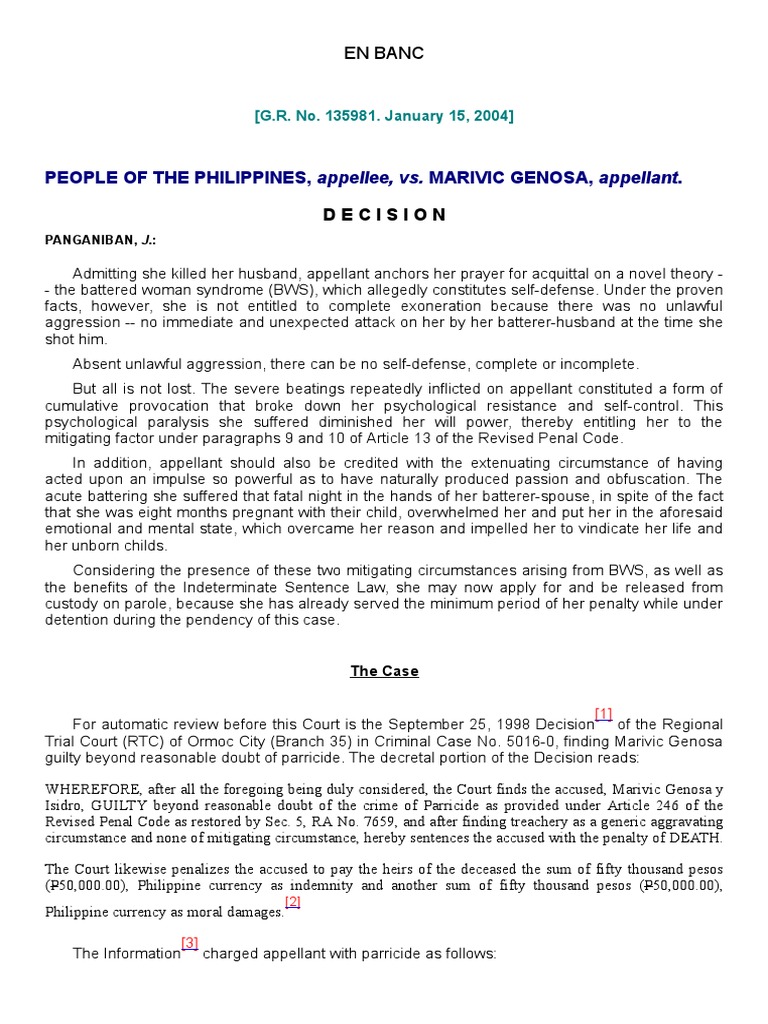 Battered Woman Syndrome in Parricide Case | PDF | Domestic Violence ...