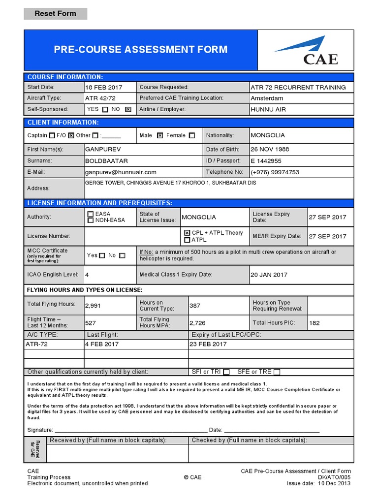 Pre-Course Assessment Form v3 Fillable Vect | PDF | Aviation | Aeronautics