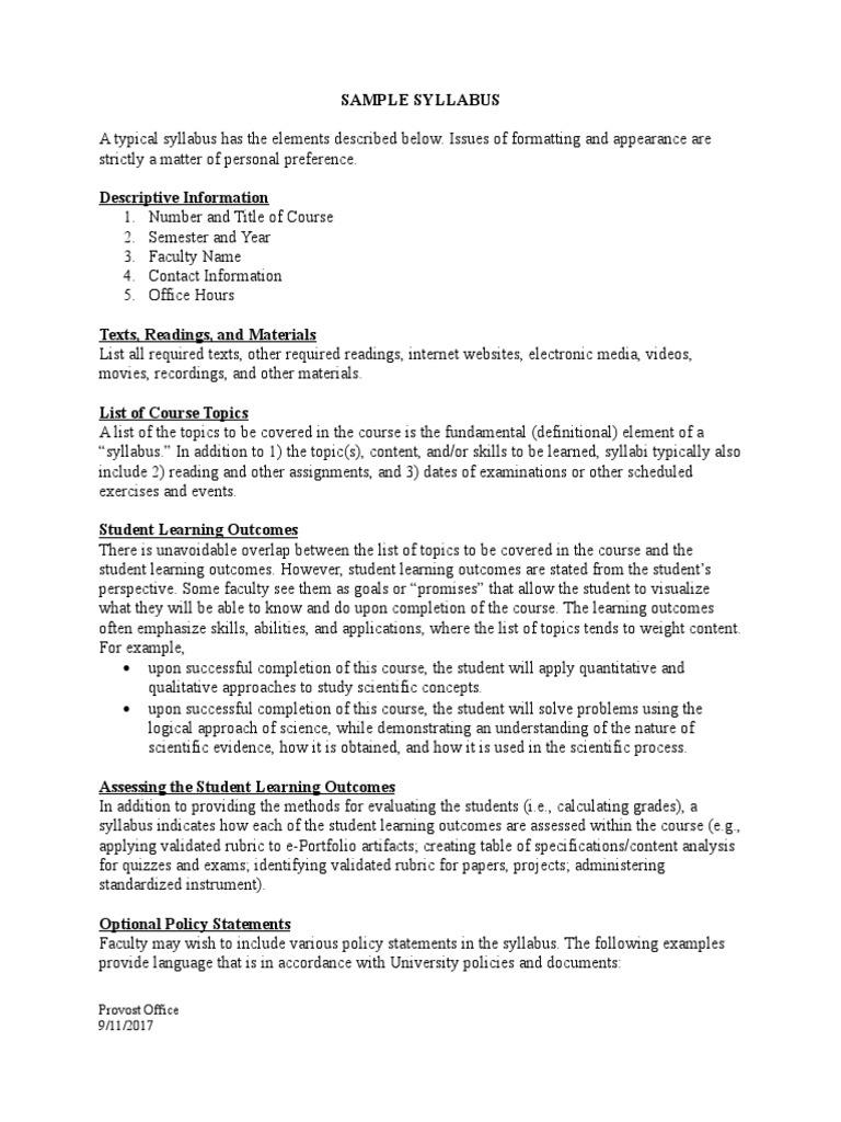 Sample Syllabus | PDF | Syllabus | Academic Dishonesty
