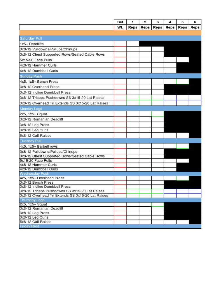 Saturday Pull: Set 1 2 3 4 5 6 Wt. Reps Reps Reps Reps Reps Reps | PDF