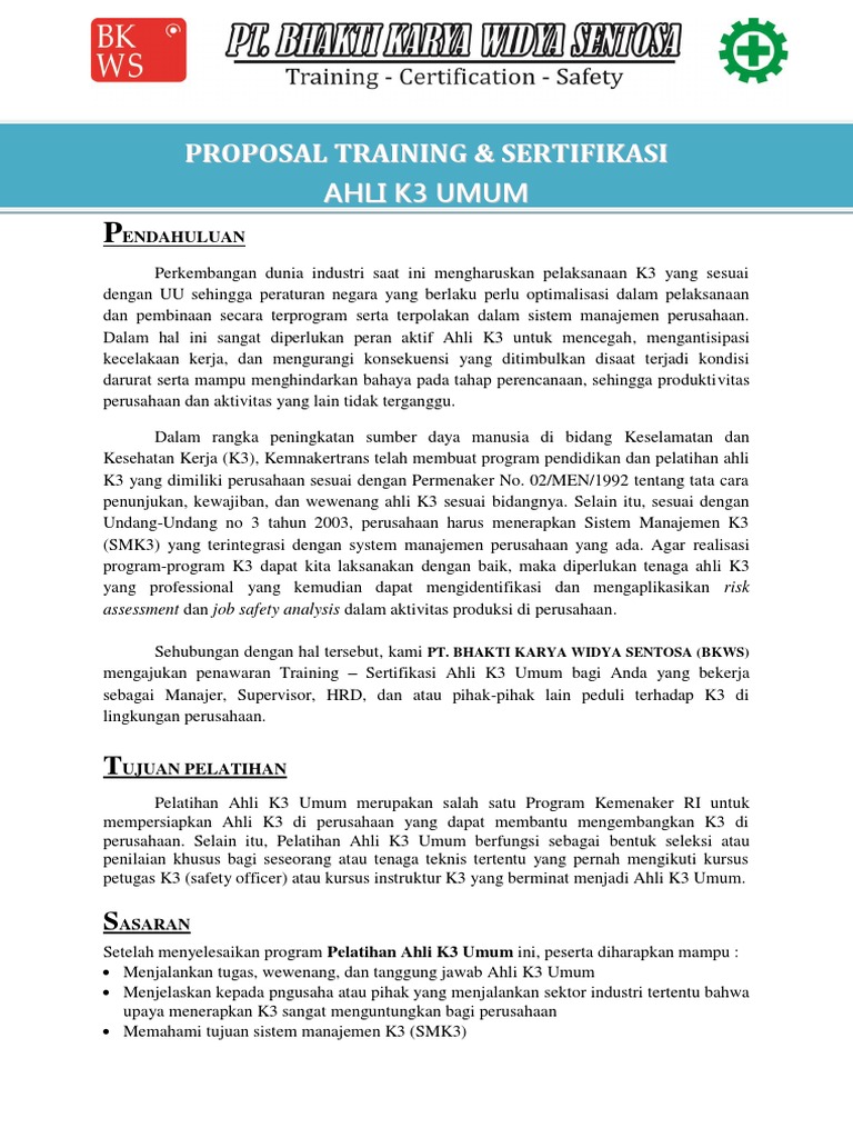 PT. BKWS - Proposal Training Ahli K3 Umum (Sert. Kemenaker RI) | PDF