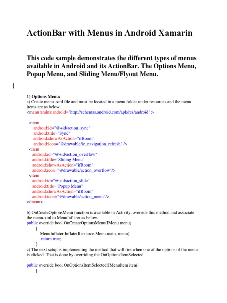 ActionBar With Menus in Android Xamarin | PDF | Menu (Computing) | Graphical User Interfaces